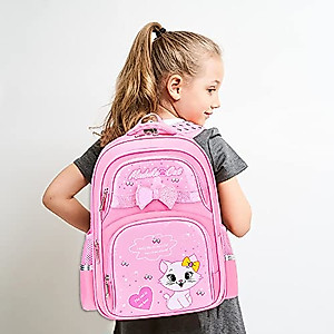 MOCCNORA Girls Backpack 16 Inch Cute Cat Backpack for Girls Princess Bowknot Backpack with Lunch Bag for Primary Students