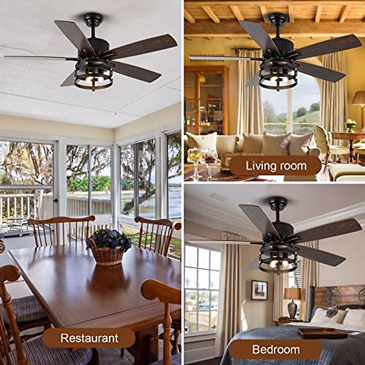 Farmhouse Rustic Ceiling Fans With Lights, Outdoor Ceiling Fan For Patios With Light, 52 In Industrial Ceiling Fan 5 Blade Large Airflow Dual Finish Wood Blades Ceiling Fan, Reversible Dc Quiet Motor