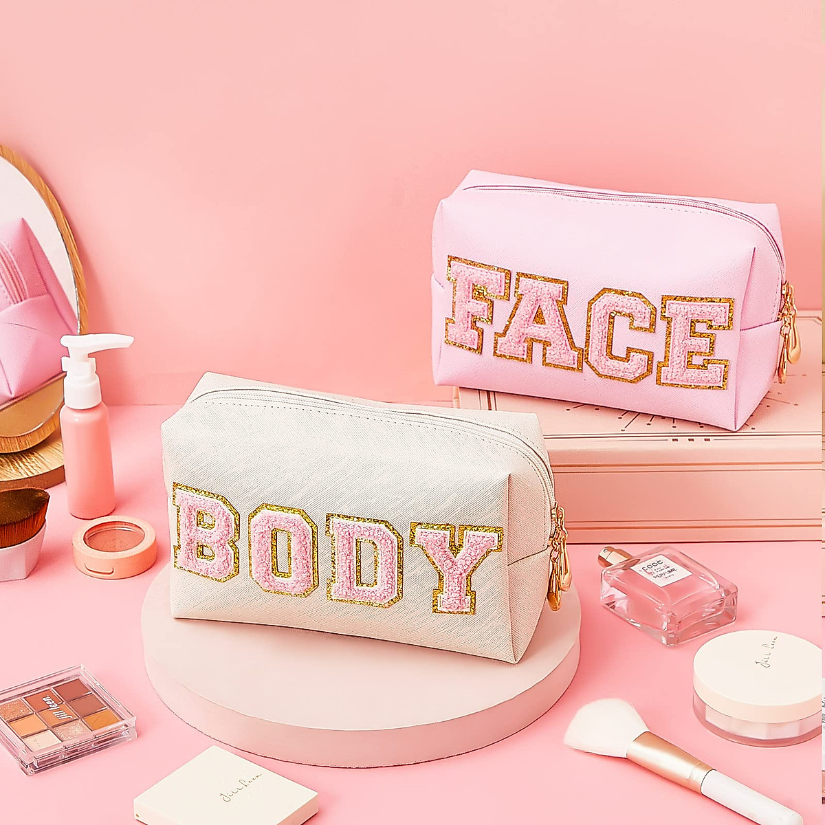 Patelai 2 Pcs Preppy Makeup Bags Chenille Letter Patch Bag Face Skin Hair Stuff Aesthetic Cosmetic Bag Travel Zipper Pouch Makeup Organizer Graduation Gift for Girls(White, Pink, Body, Face)