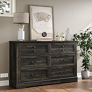 Furnihold Farmhouse 6 Drawers Dresser for Bedroom, Black Double Dresser, Wide Chest of Drawers for Bedroom, Living Room,Hallway