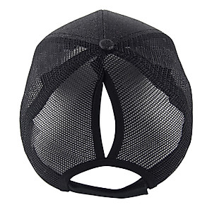 Muryobao Womens Ponytail Baseball Cap Messy High Bun Ponycap Adjustable Snapback Summer Sun Hat Glitter Plain Trucker Dad Hat Mesh Black