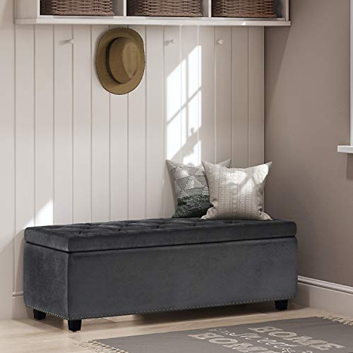SIMPLIHOME Hamilton 48 inch Wide Rectangle Lift Top Storage Ottoman in Upholstered Distressed Black Tufted Faux Leather with Large Storage Space for Living Room, Entryway, Bedroom, Transitional