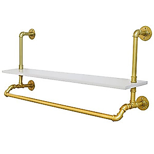 Wall-Mounted Garment Rack ,Modern Simple Clothing Store Heavy Metal Display Stand Garment Bar,Clothes Rail,Bathroom Hanging Towel Rack,Multi-purpose Hanging Rod for Closet Storage (Gold Square Tube W/Shelf ,39.37"L)