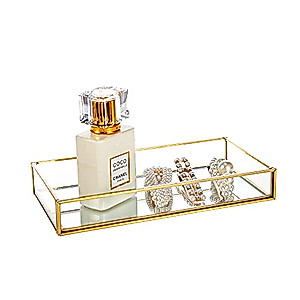 Feyarl Gold Clear Glass Vanity Tray Jewelry Trinket Rings Earrings Organizer Perfume Collection Display Decorative Tray for Dressr Drawer Office Tabletop (7.87Inch)