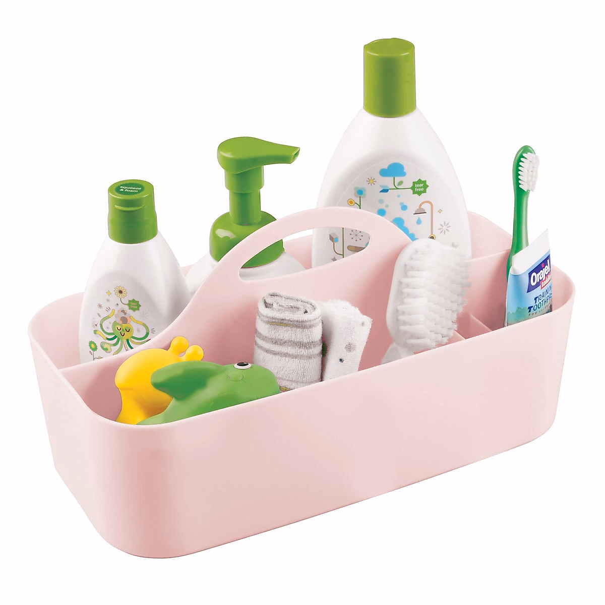 mDesign Plastic Portable Nursery Storage Organizer Caddy Tote - Divided Basket Bin with Handle - Holds Bottles, Spoons, Bibs, Pacifiers, Diapers, Wipes, Baby Lotion - Lumiere Collection - Light Pink