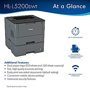 Brother Monochrome Laser Printer, HL-L5200DWT, Duplex Printing, Wireless Networking, Dual Paper Trays, Mobile Printing, Amazon Dash Replenishment Ready