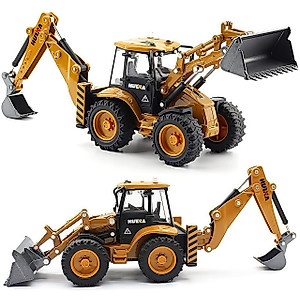 Gemini&Genius Backhoe Loader Toy for Kids- Loader with Changeable Front Loader and Backhoe Loader Construction Vehicle Toy 1/50 Scale 2 in 1 Digger and Loder Alloy Model Toys Vehicle Gifts for Kids