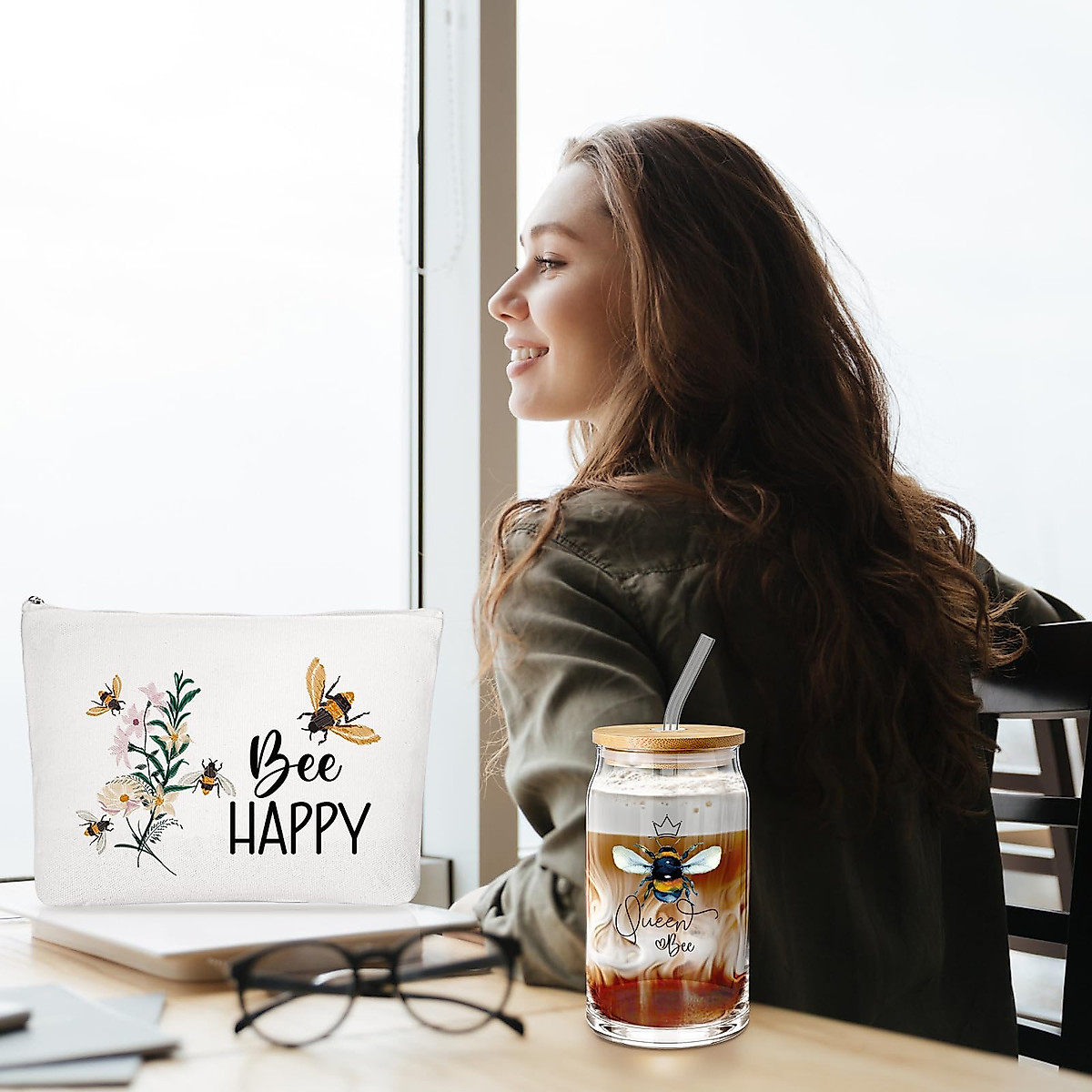 Hushee Set of 3 Bee Theme Gifts Honey Bee Cup Wine Glass with Lid Straw and Bee Makeup Bag and Bee Keychain for Thanksgiving Christmas Gifts for Women Teachers Employee Bee Lovers