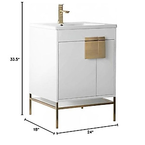 Fine Fixtures - Modern White 24" Bathroom Vanity Set, Satin Brass Hardware, Vireous China Sink Top