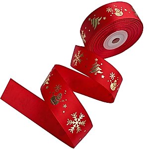 CUISANHOUSE 25Y Christmas Ribbon Satin, 1 inch Wide Printed Ribbons with Golden Christmas Tree Snowman Snowflakes, Merry Christmas Ribbon for Kids Gift Packaging Wrapping Craft Decoration (Red)
