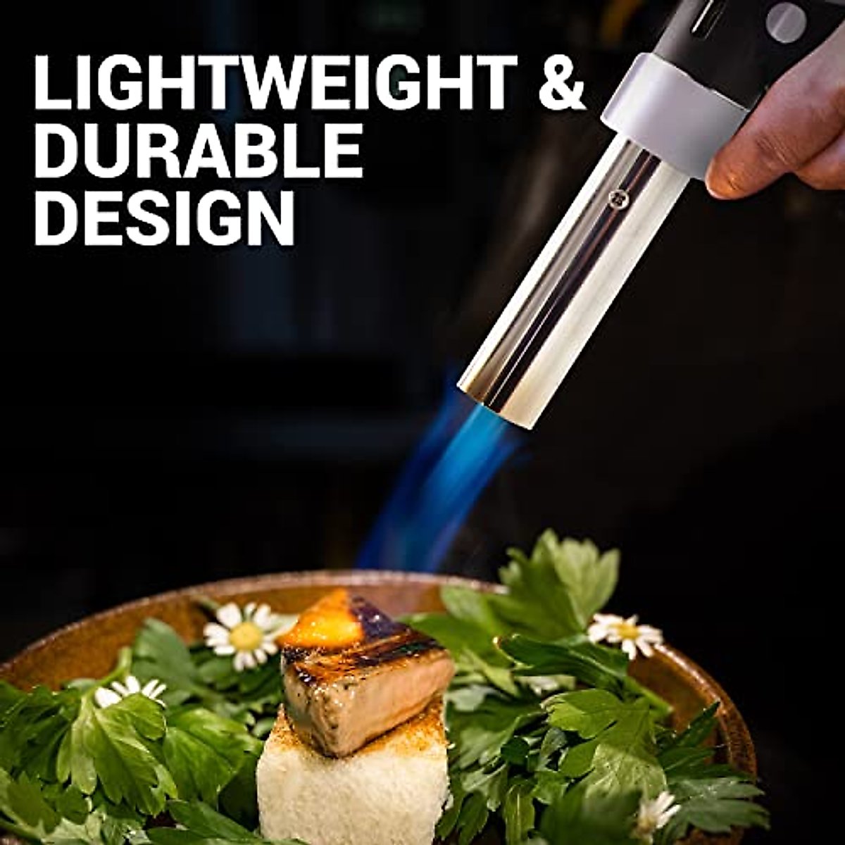 Jo Chef Pro Butane Torch Lighter - Refillable Butane Torch Head, Small Butane Torch with Safety Lock & Adjustable Flame - Culinary Blow Torch, Creme Brulee Torch, Baking, Included 2 Butane Canisters