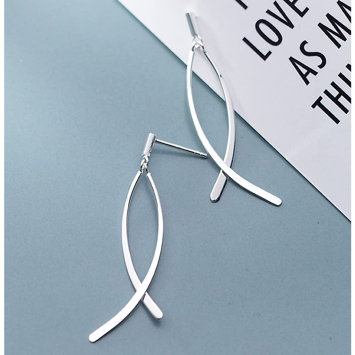 SLUYNZ 925 Sterling Silver Shiny Bar Dangle Earrings for Women Teens Flat Bar Earrings Curve Line Earrings (A-Silver)