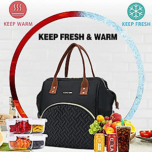Lunch Bag Women, Reusable Insulated Lunch Box Large Wide-Open Water Resistant Adult Cooler Tote Bag for Work, Travel, Picnic – Black (Printed, Black)