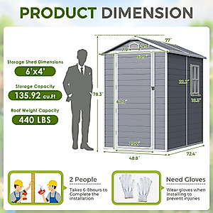 Greesum 6X4FT Resin Outdoor Storage Shed, All Weather Tool Room with Floor, Perfect for Storing Lawn Mowers, Garden Tools, Patio Furniture, Bicycles, Grey