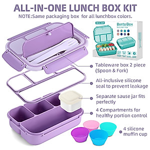 Sunhanny Bento Lunch Box for Adults, Kids Girls Boys Lunch Box, Lunch Containers for Adults Women with 4 Compartments, Sauce Container, Fork and Spoon, Muffin Cups, Purple