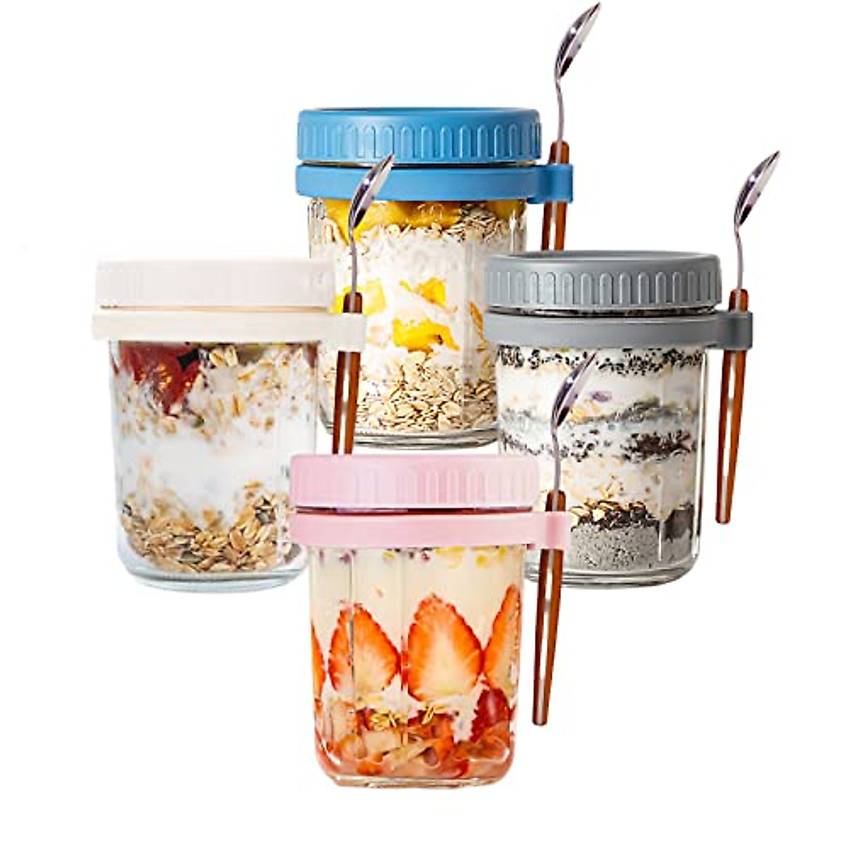 4 Pack Food Grade Overnight Oats Containers with Lids and Spoon, 16 oz Mason Jars for Overnight Oats with Measurement Marks, Large Capacity Airtight Oats Jars for Cereal Milk Yogurt Vegetable Fruit
