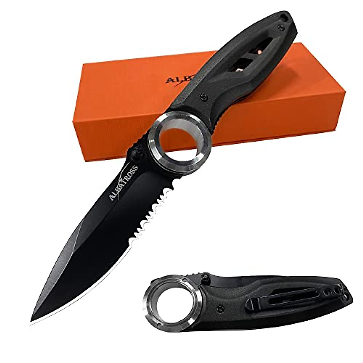 ALBATROSS Folding Pocket Knife for everyday use, 3" Blade, 4.5" Aluminum Handle, Liner Lock, Large Steel Ring Shaft, Orange Gift Box (BC)