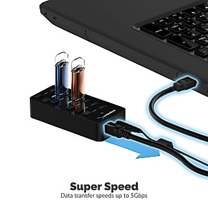7 Port USB 3.0 Hub with Individual Power Switches and LEDs Includes 36W 12V/3A Power Adapter+USB 3.0 to SSD / 2.5 Inch SATA I/II/III Hard Drive Adapter