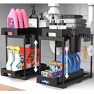 GAOLINE 2 Pack 2 Tier Under Sink Organizers and Storage,Under Bathroom Cabinet Organizer with Hooks Hanging Cup, Double Sliding Drawers Cabinet Basket Organizer for Bathroom, Up to 14.5 inches High