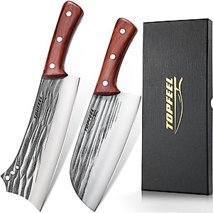 Topfeel 2PCS Meat Cleaver & Heavy Duty Bone Chopper Knife Set, Hand Forged German High Carbon Stainless Steel Butcher Knife for Home Kitchen & Outdoor