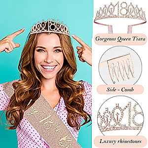 8pcs 18th birthday decorations for girls, Including 18th Happy Birthday Cake Toppers, Birthday Queen Sash with Pearl Pin, Sweet Rhinestone Tiara Crown, Number Candles and Balloons Set, Rose Gold