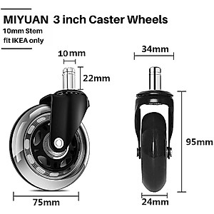 Office Chair Wheels for IKEA Chairs,10mm stem Caster, 3 Inch Heavy Duty Replacement Rubber Chair Casters, Quiet & Smooth Rolling for IKEA Casters, Protection for Hardwood Floors or Carpet