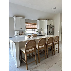 Nathan James Bailey Boucle Upholstered Rattan Bar Stool, Counter Height Stool with Natural Rattan Woven Back For Kitchen Island, Light Brown