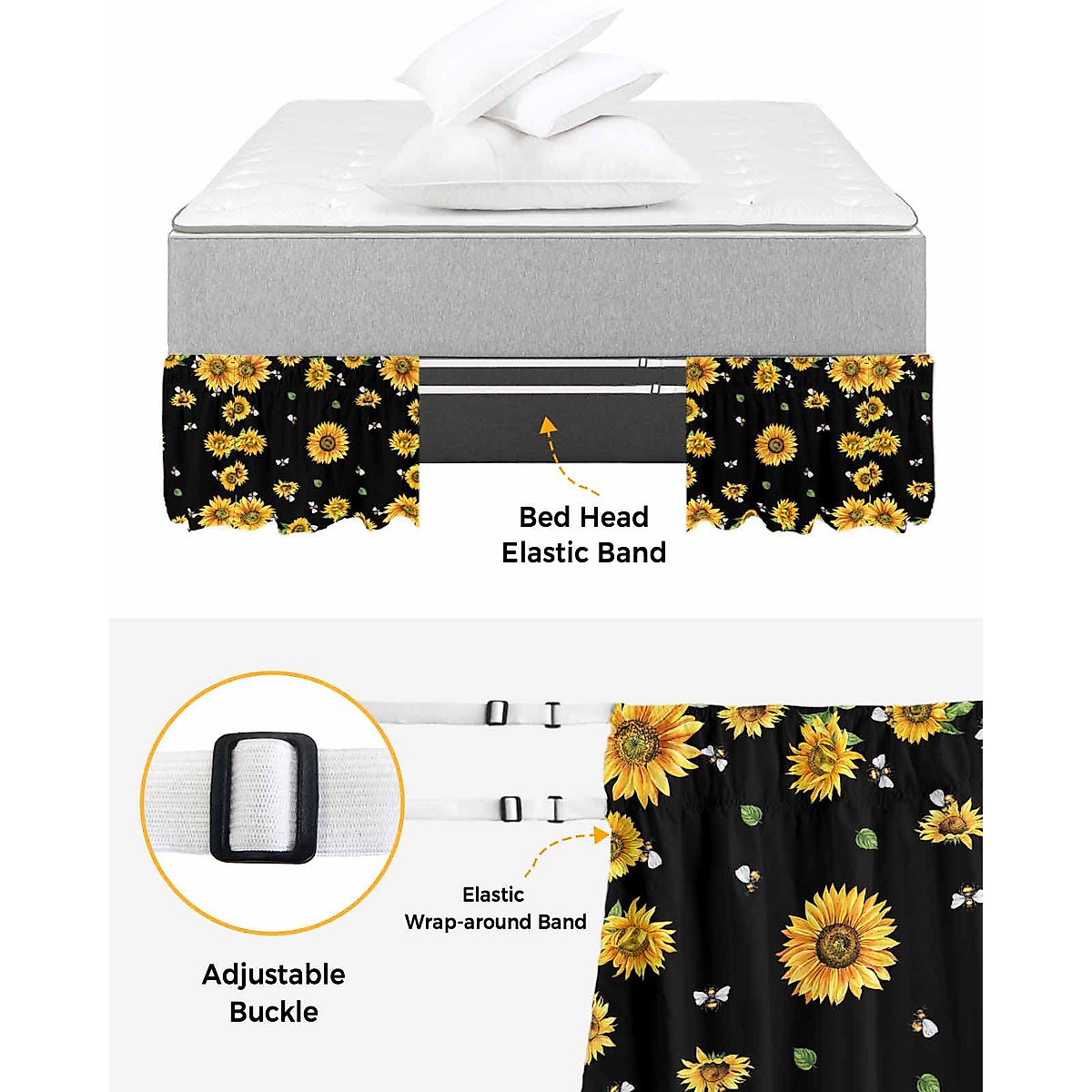Sunflower Bee Bed Skirt King Size 16 Inch Drop, Adjustable & Elastic Wrap Around Bed Skirts Pleated Luxury Dust Ruffles for Twin Full Queen Cal King Base Bed, Rustic Spring Floral Flowers Black