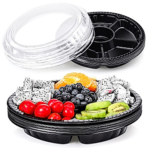 Patelai 10 pcs Plastic Veggie Tray with lid Fruit Trays Round Disposable Appetizer Serving Trays with 6 Divided Compartment for Vegetable Salad Food Snack Serving Platter