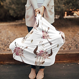 Car Seat Canopy Nursy Cover, Cow Head Skull with Pink Flowers and Arrows Multi Use Breastfeeding Scarf for Infant Carseat Canopy, Stroller, Shopping Cart, Highchair