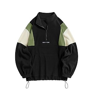 ZAFUL Men's Fluffy Polar Fleece Sweatshirt NEW YORK Embroidery Colorblock Half Zip Unisex Hoodie Black M