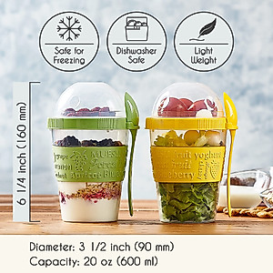 Yogurt Parfait Cups for Breakfast, Oatmeal or Fruit Container, Snack Bowl and Spoon for Lunch Box, Portable & Reusable, 2 PCs (Green & Yellow)