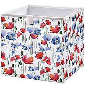 visesunny Closet Baskets Stylized Poppy Flower Storage Bins Fabric Baskets for Organizing Shelves Foldable Storage Cube Bins for Clothes, Toys, Baby Toiletry, Office Supply