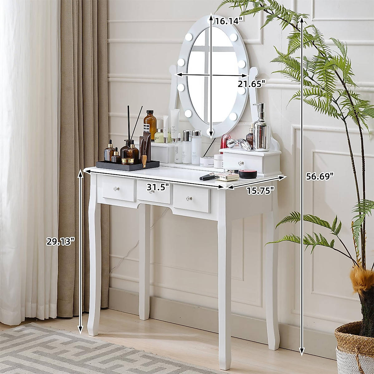 Makeup Vanity Table with Lighted Mirror, Dressing Table Compact Vanity Desk with 5 Large Drawers for Women Girls (White)