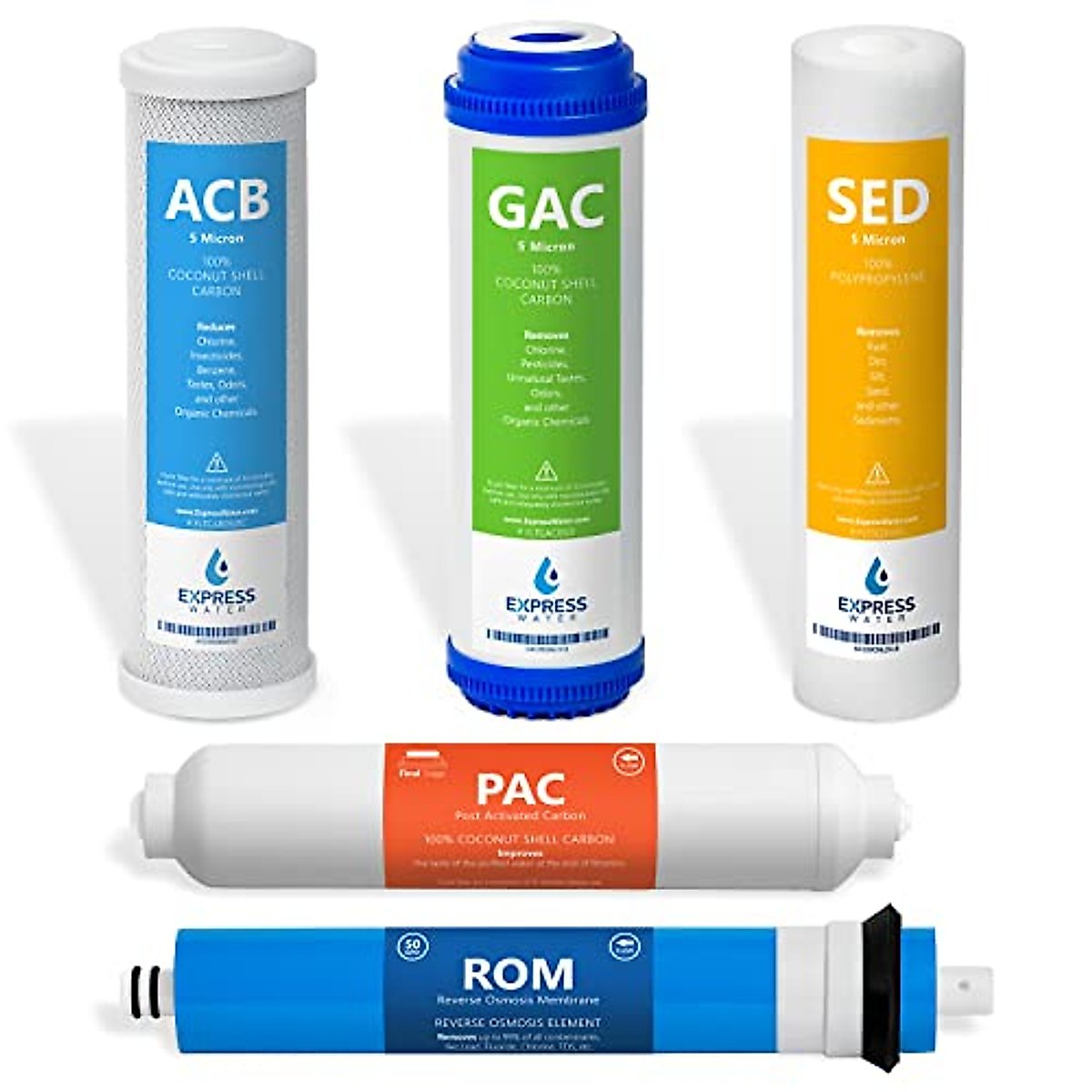Express Water - CSGIM5 – 6 Months Reverse Osmosis System Replacement Filter Set – 5 Filters with 50 GPD RO Membrane, Carbon GAC, ACB, PAC Filters, Sediment SED Filters – 10 inch Size Water Filters