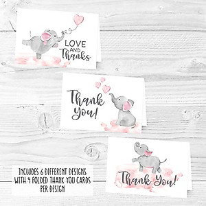 24 Pink Elephant Baby Shower Thank You Cards With Envelopes, Kids Thank You Note, Animal 4x6 Varied Gratitude Card Pack For Party, Girl Children Birthday, Cute Event Appreciation Stationery