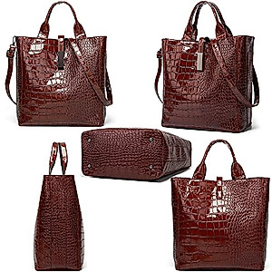 ZiMing Women Handbags and Purses Set Glossy Crocodile Pattern Leather Tote Bags Cross-body Bag Satchel Handbag Wallet Wristlets Bag 3 Pcs -Brown