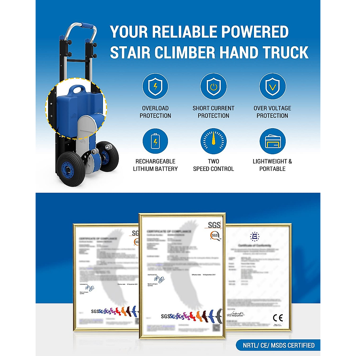 XSTO ZW4170DC Stair Climbing Hand Trucks Dolly, 400W Motor 375 lbs Capacity Trolley Cart, Electric Hand Trucks for Stairs with Ergo Telescoping Handle & Pneumatic Wheels