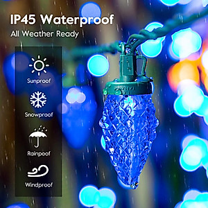 Brightown C9 LED Christmas String Lights, 33ft 50 LED Waterproof Strawberry String Lights, Extendable Green Wire Lights String for Outdoor Indoor Patio Party Decoration, Blue and White