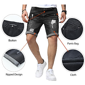 JMIERR Mens Shorts Casual Denim Stretch Slim Fit Washed Distressed Rolled Ripped Jean Shorts for Men US 36(L) Model B Black