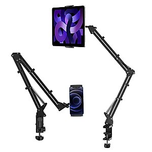 ULANZI T2 Adjustable Tablet Holder for Desk, Carbon Steel Tablet Phone Stand for Bed, Flexible Tablet Arm Clamp Compatible with iPhone 16 15 Pro iPad Kindle Galaxy Tab 4.6-12.9 Inch Devices