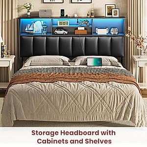 MSmask Queen Size Headboard Only, Upholstered Queen Size Bookcase Headboard with Charging Station and LED Lights, Modern LED Queen Bed Headboard with Storage, Bed Frame Adpater, Black