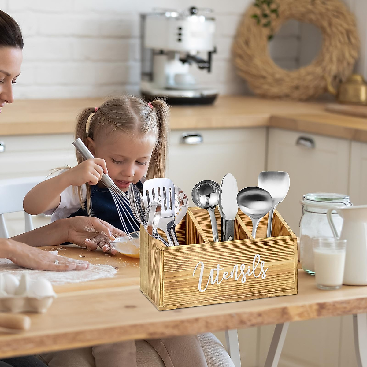 LADESIGGN Kitchen Utensil Holder with 3 Compartments, Farmhouse Kitchen Decor Utensil Holder, Cooking Tools Silverware Caddy, Kitchen Countertop Utensil Holder for Silverware Fork Spoon Spatula