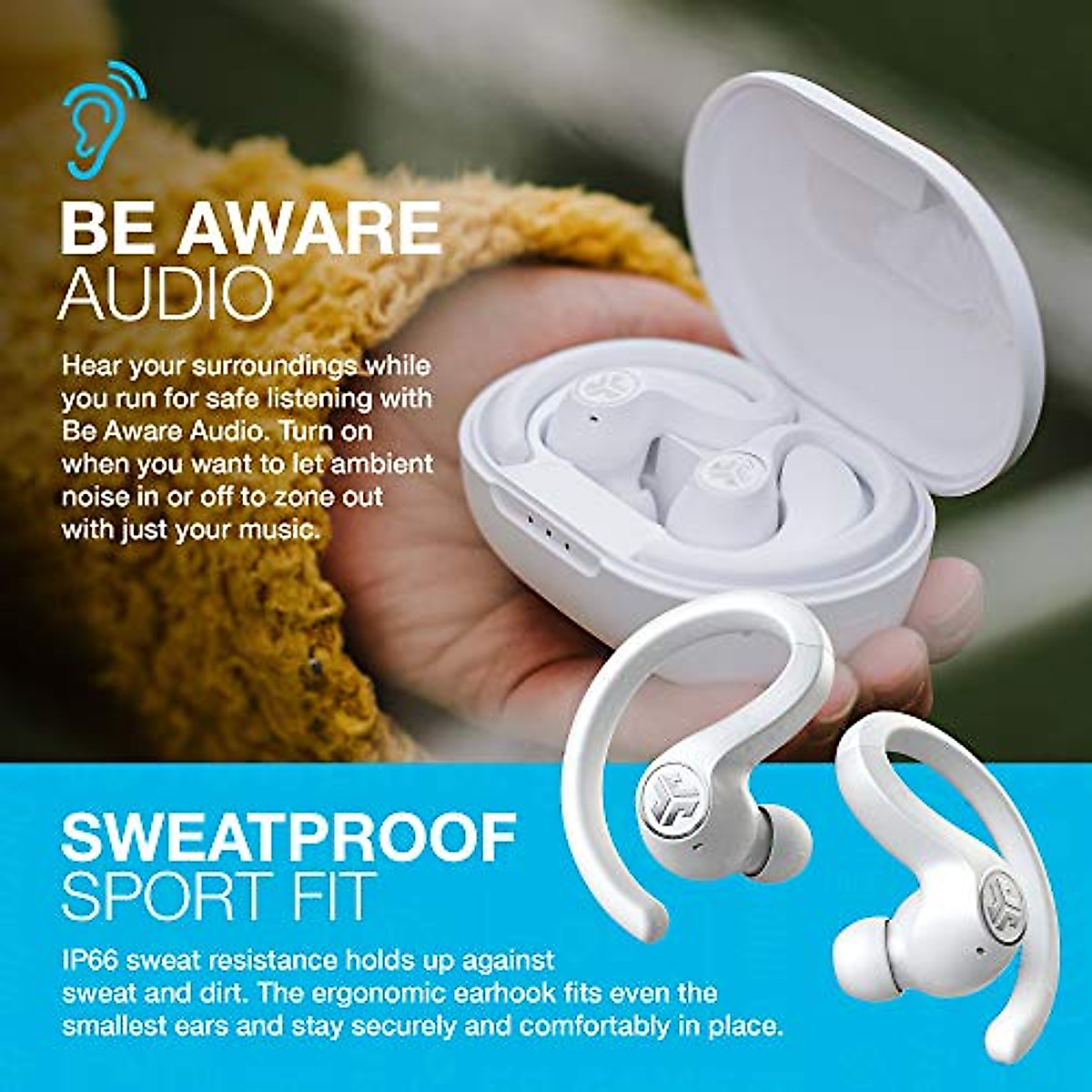 JLab JBuds Air Sport True Wireless Bluetooth Earbuds + Charging Case, White, IP66 Sweat Resistance, Class 1 Bluetooth 5.0 Connection, 3 EQ Sound Settings Signature, Balanced, Bass Boost (Renewed)