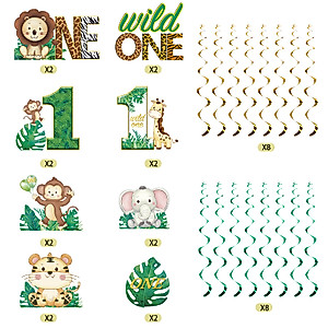 16pcs Wild One Birthday Decorations Hanging Swirls for Boys Girls, Jungle Safari Theme 1st Birthday Foil Swirls Party Supplies, Safari Animal First Bday Ceiling Sign Decor