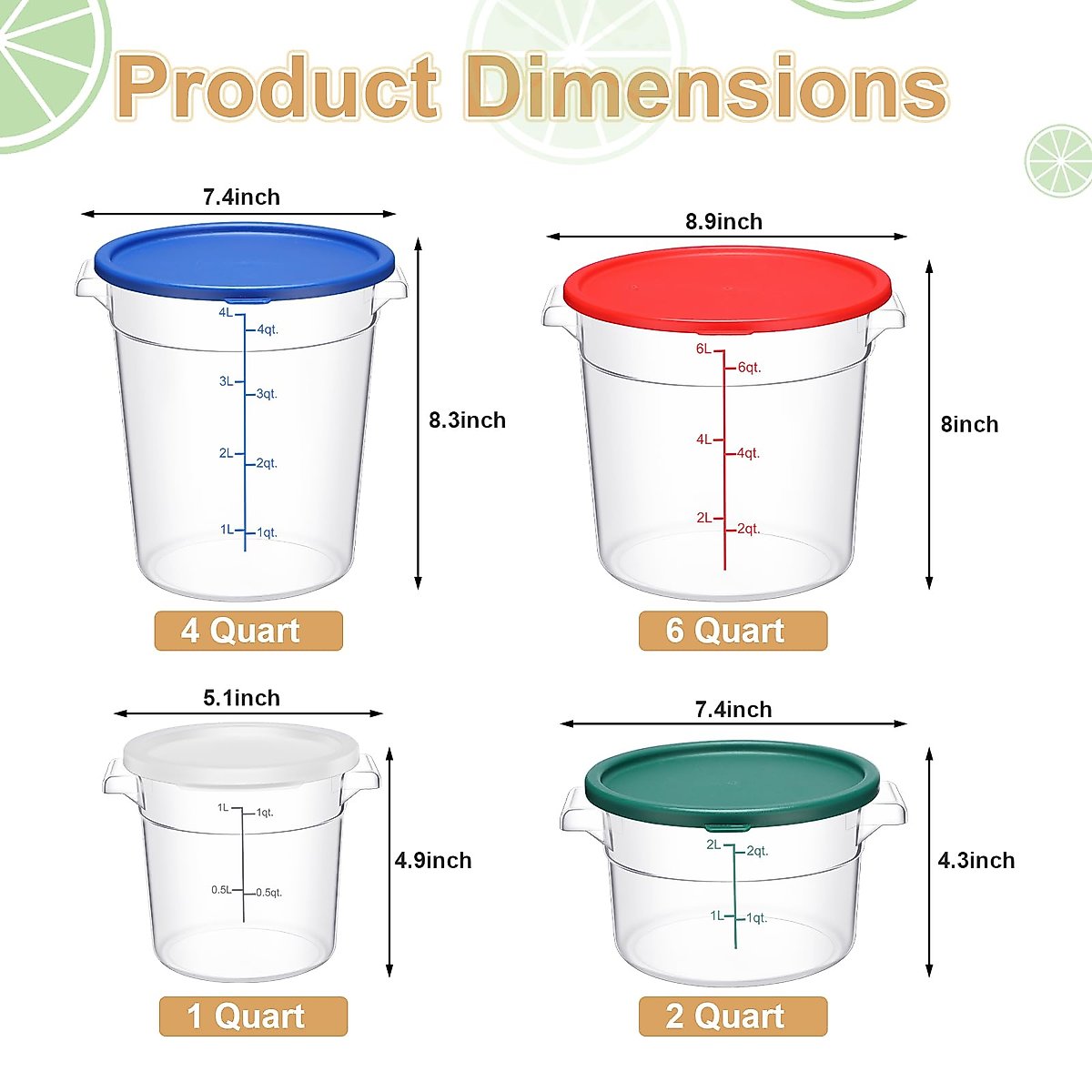 Sawysine 4 Pcs Food Storage Container with Lids Set Proof Dough Clear Round Commercial Containers with Scales and Handles for Bread Dough Rise Restaurant Home Food Storage (1 Qt 2 Qt 4 Qt 6 Qt)