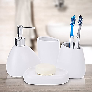 MyGift 4 Piece White Ceramic Bathroom Accessories Set Includes Soap Pump Dispenser & Dish, Tumbler, Toothbrush Holder