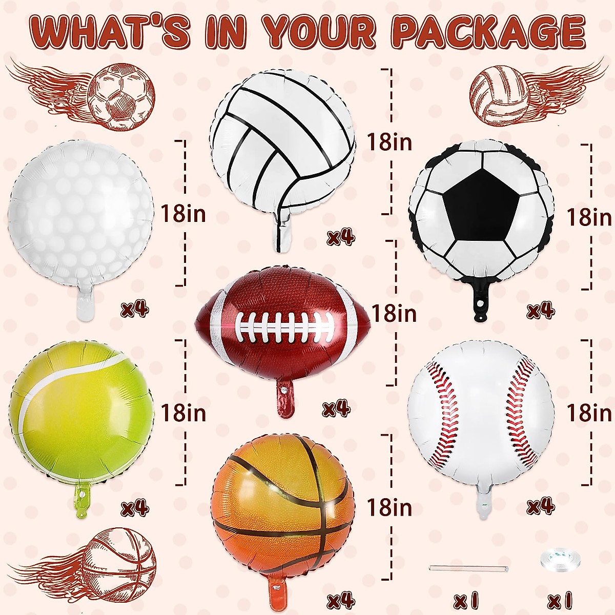 28 Pieces Sports Foil Balloon Set, Mylar Sports Balloons - 18 Inch Baseball Balloons Basketball Balloons Soccer Balloons Volleyball Balloons Sports Game Balloons for Birthday Sports Themed Party