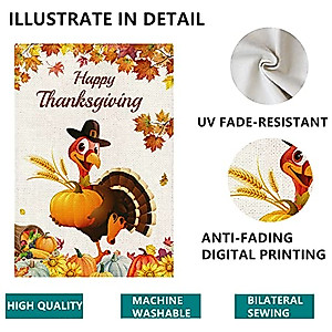 Happy Thanksgiving Garden Flags, Thanksgiving Yard Flag, Pumpkins Maple leaves Fall Flag Harvest Turkey Flags Double Sided Burlap House Decorations for Home 12 x 18 Inch