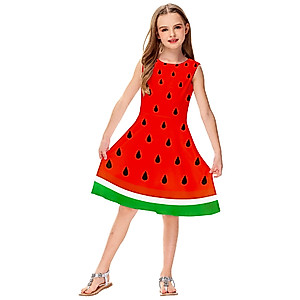 Girls Watermelon Dress Summer Sleeveless Tank Dress Fruit Printed Twirl Skater Flowy Dress 5-6 Years